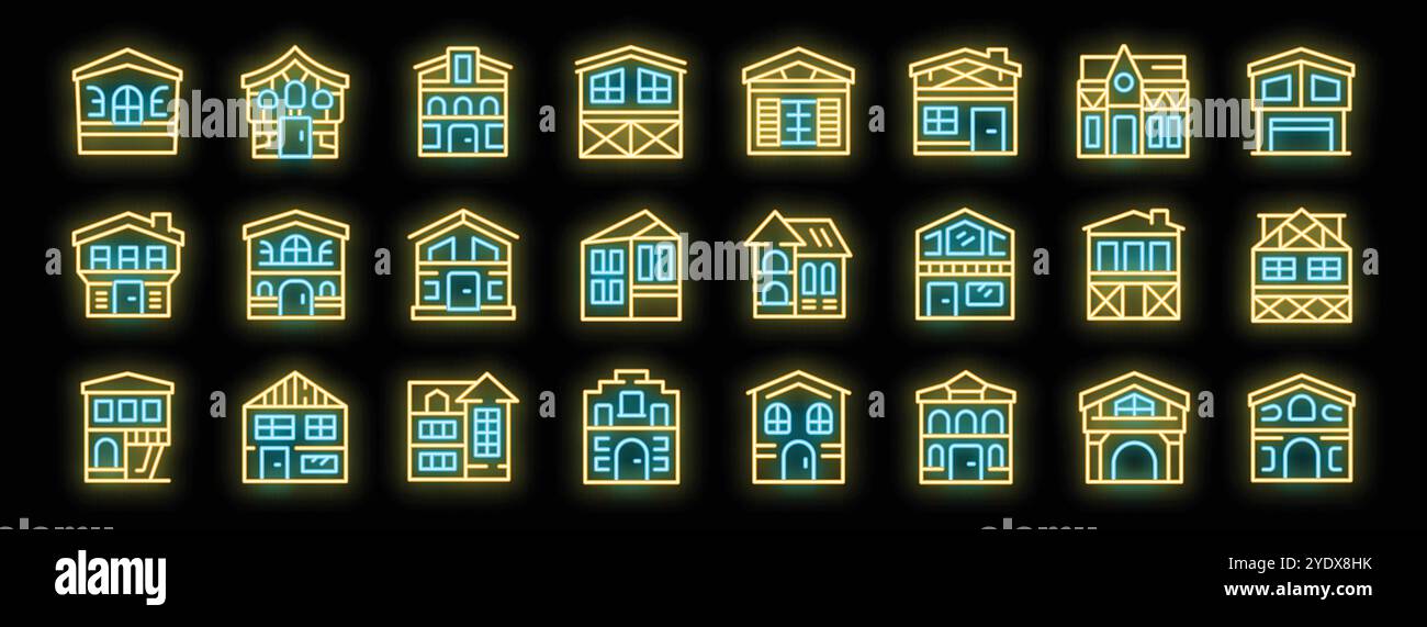 Glowing neon icons representing various architectural styles of houses ...