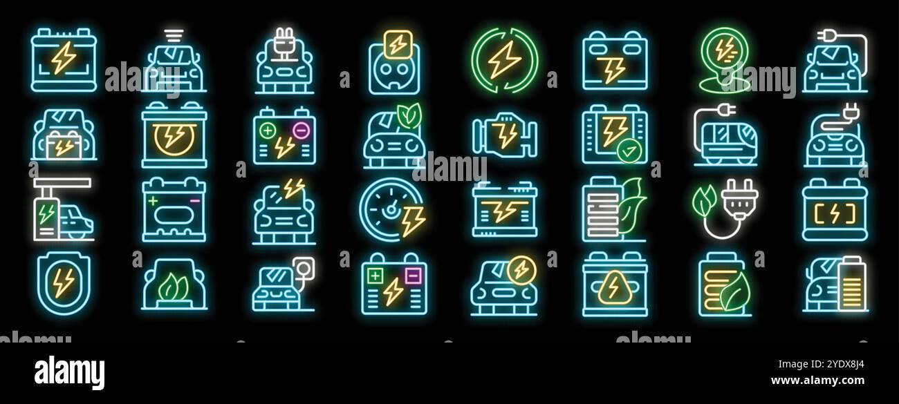 Electric vehicle charging station and battery life neon icon set ...
