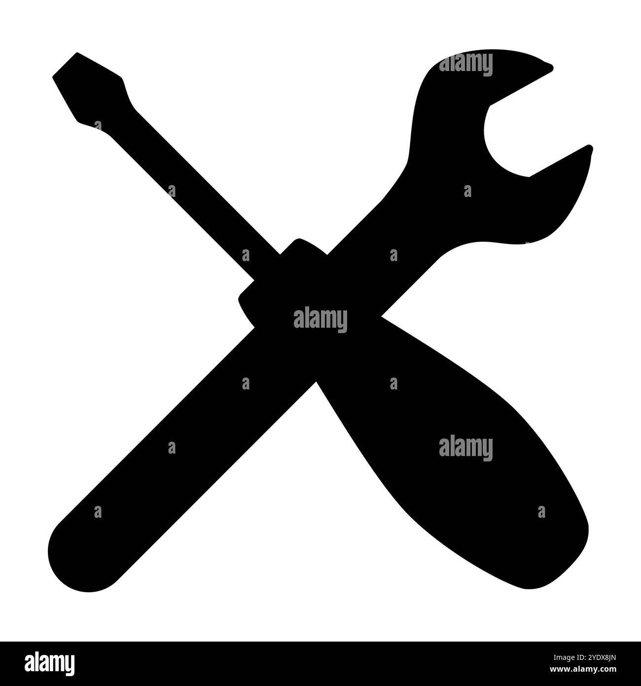 wrench and screwdriver, two crossed hand tools silhouette shape, black ...