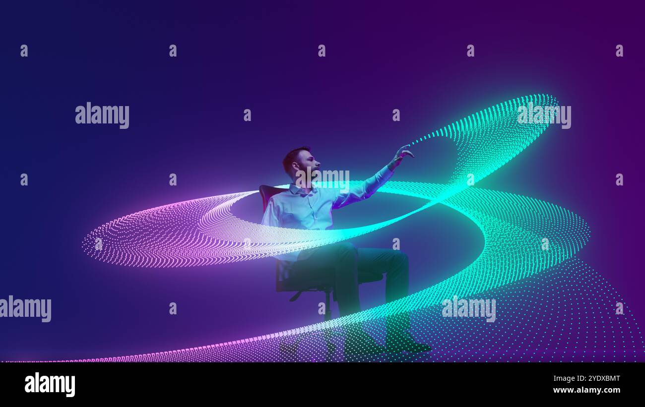 Two professionals in formal attire examine and interact with flowing ...