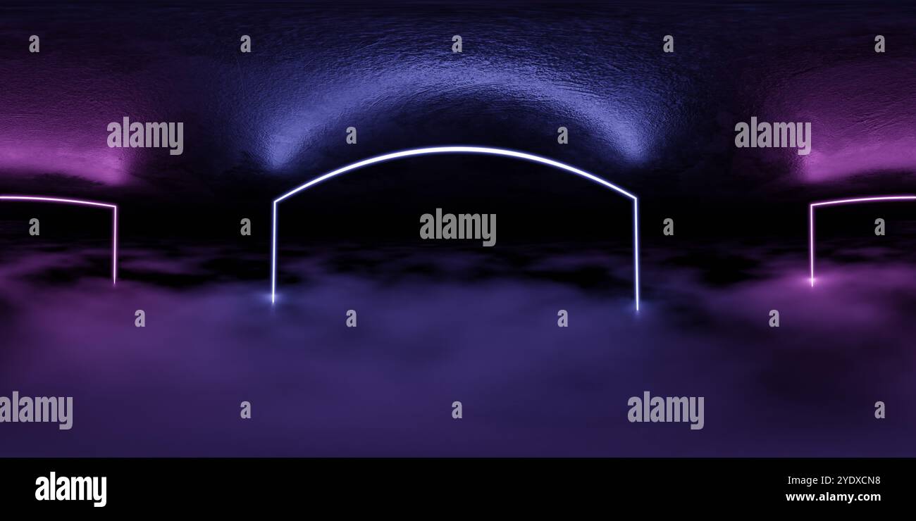 360 degree panorama of Ethereal Neon Arches in a Misty Environment ...