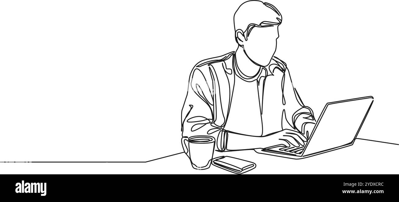 continuous single line drawing of young man using laptop computer, line ...