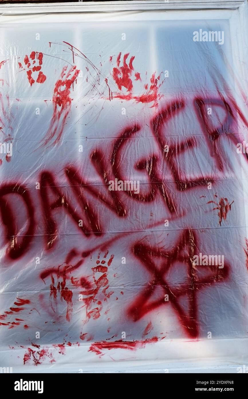 Lincoln, Lincolnshire, UK, England, blood stained sheets saying danger ...