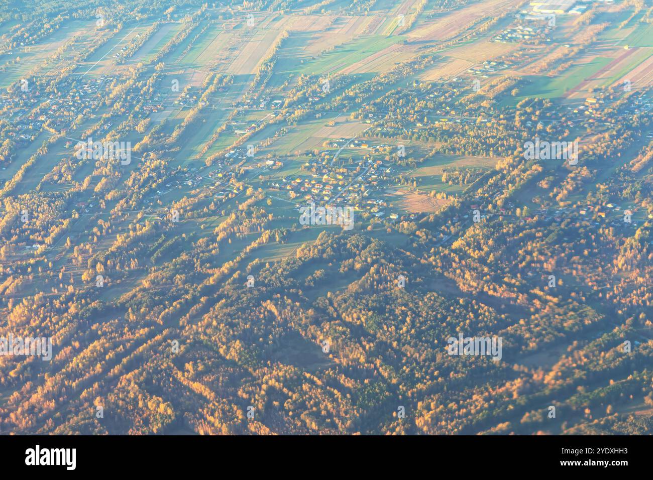 View of green fields and village in middle of Poland , It shot from ...