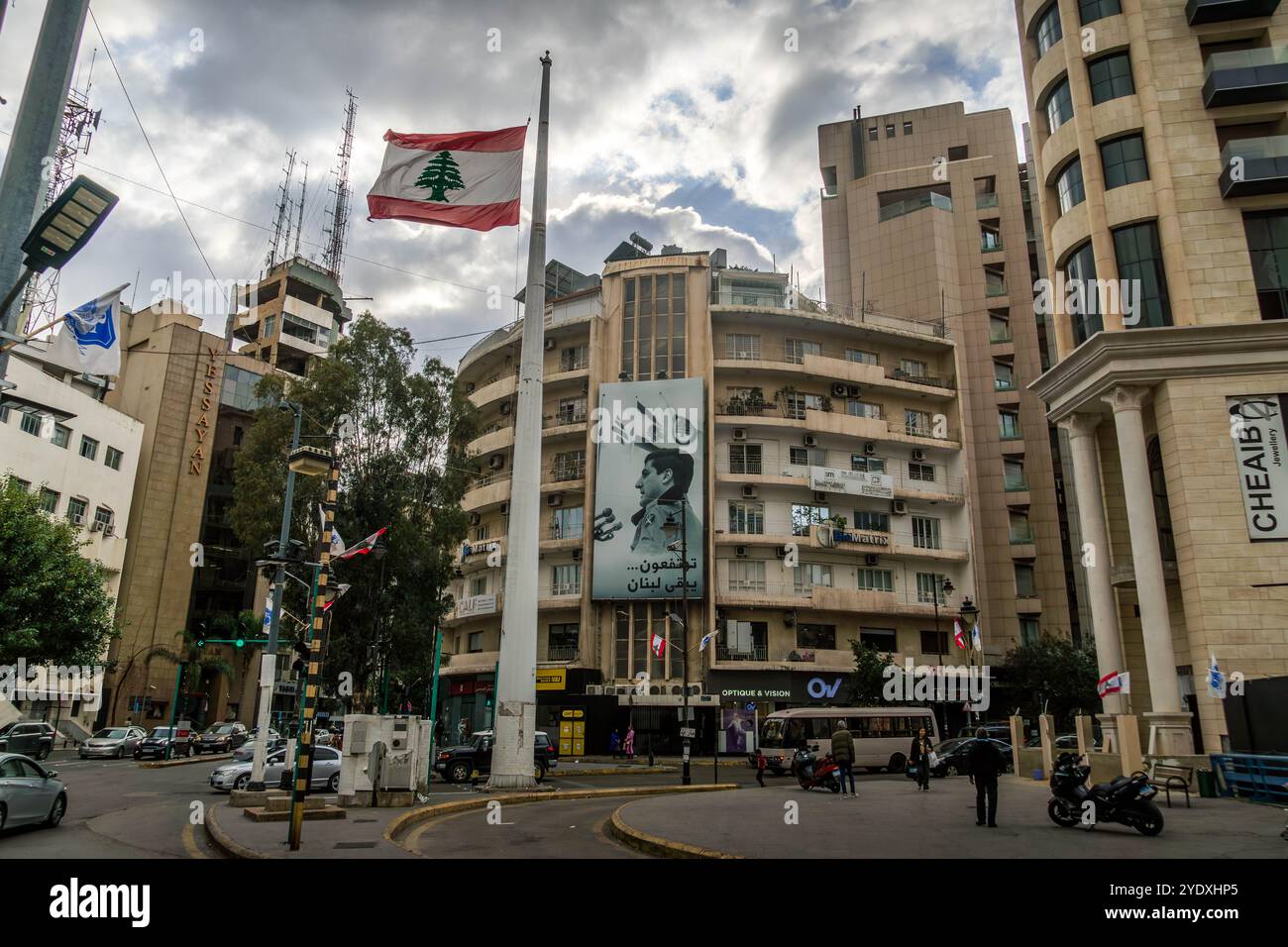The streets of Beirut, Lebanon, with the large national flag Stock ...