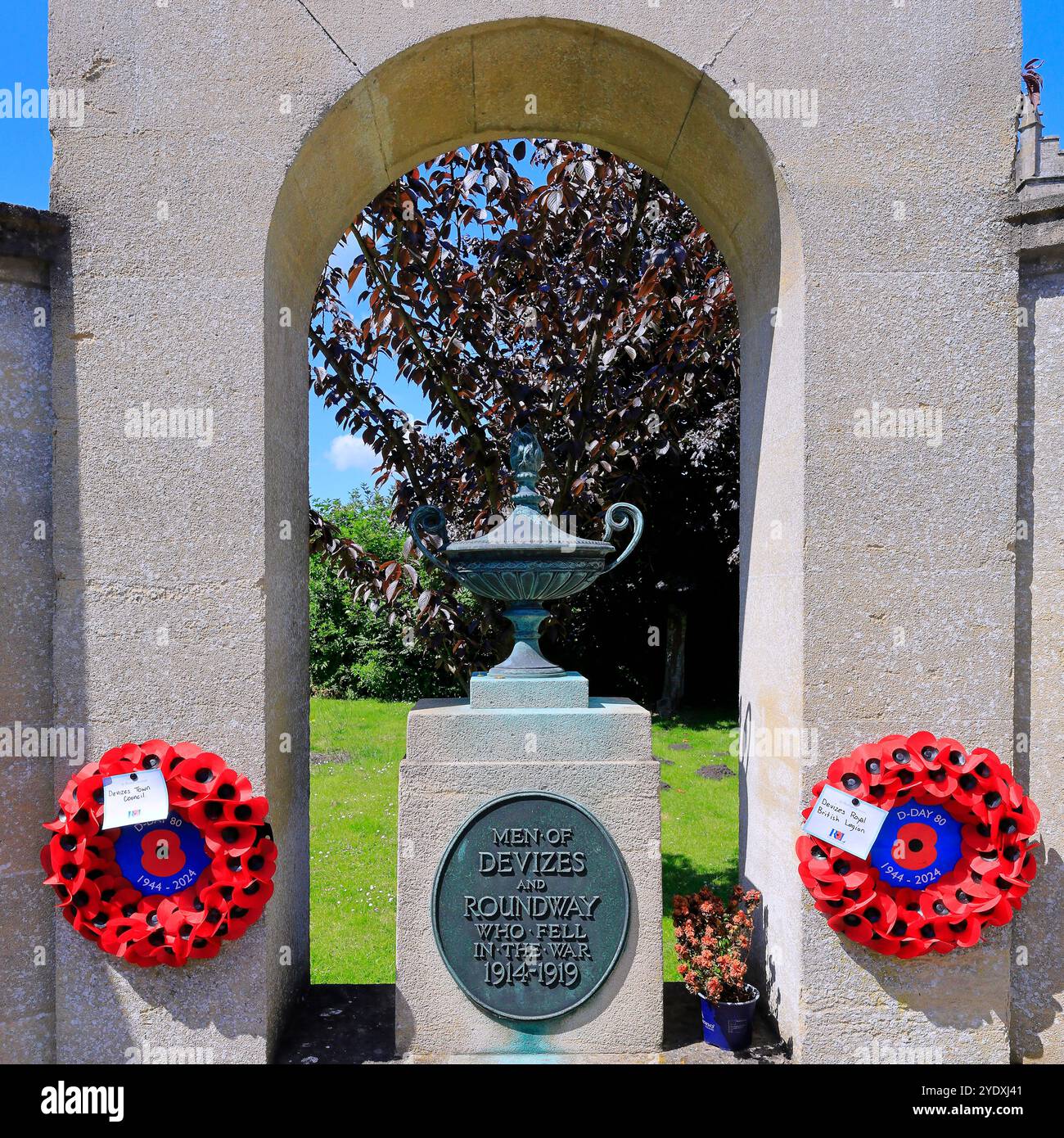 Devizes war memorial with poppy wreaths. Devizes scene. Taken July 2024 ...