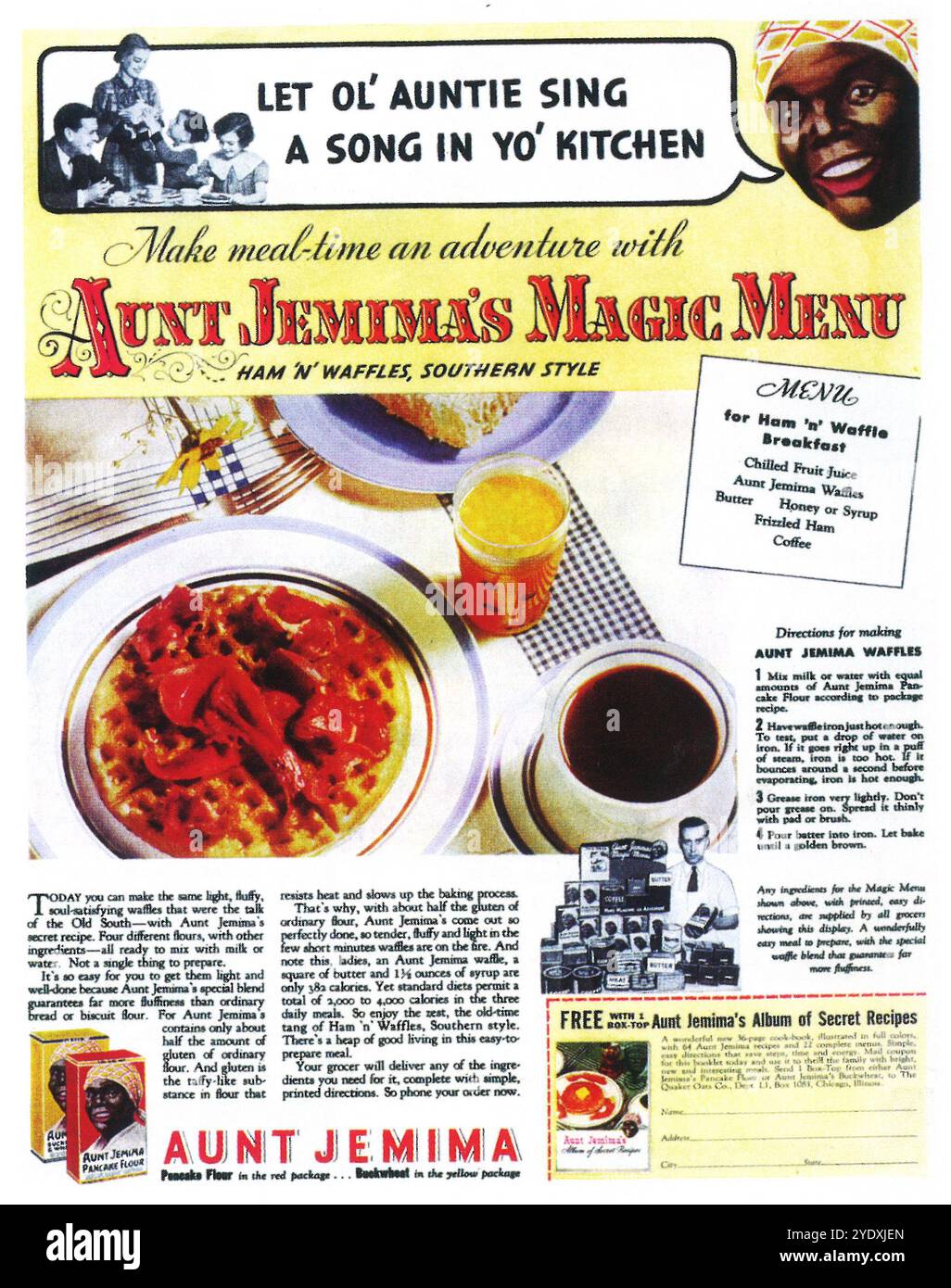 1935 Aunt Jemima's Magic Menu Pancake Flour ad - Ham n Waffles Souther ...