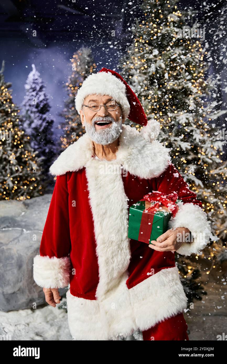 A cheerful Santa spreads joy with presents amidst sparkling snow and ...