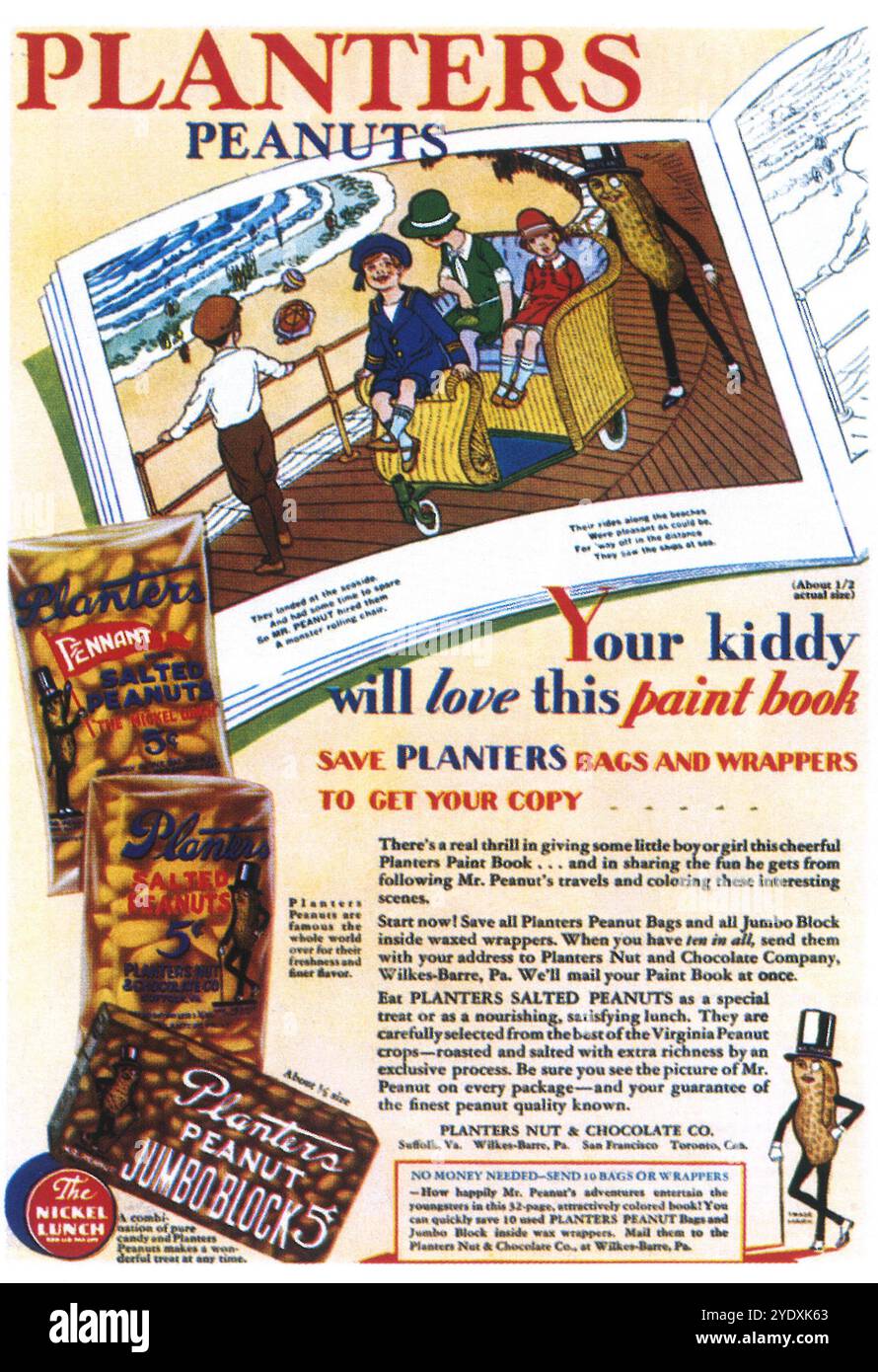 1930 Planters Peanuts Ad - Paint Book Offer, Mr. Peanut Stock Photo - Alamy