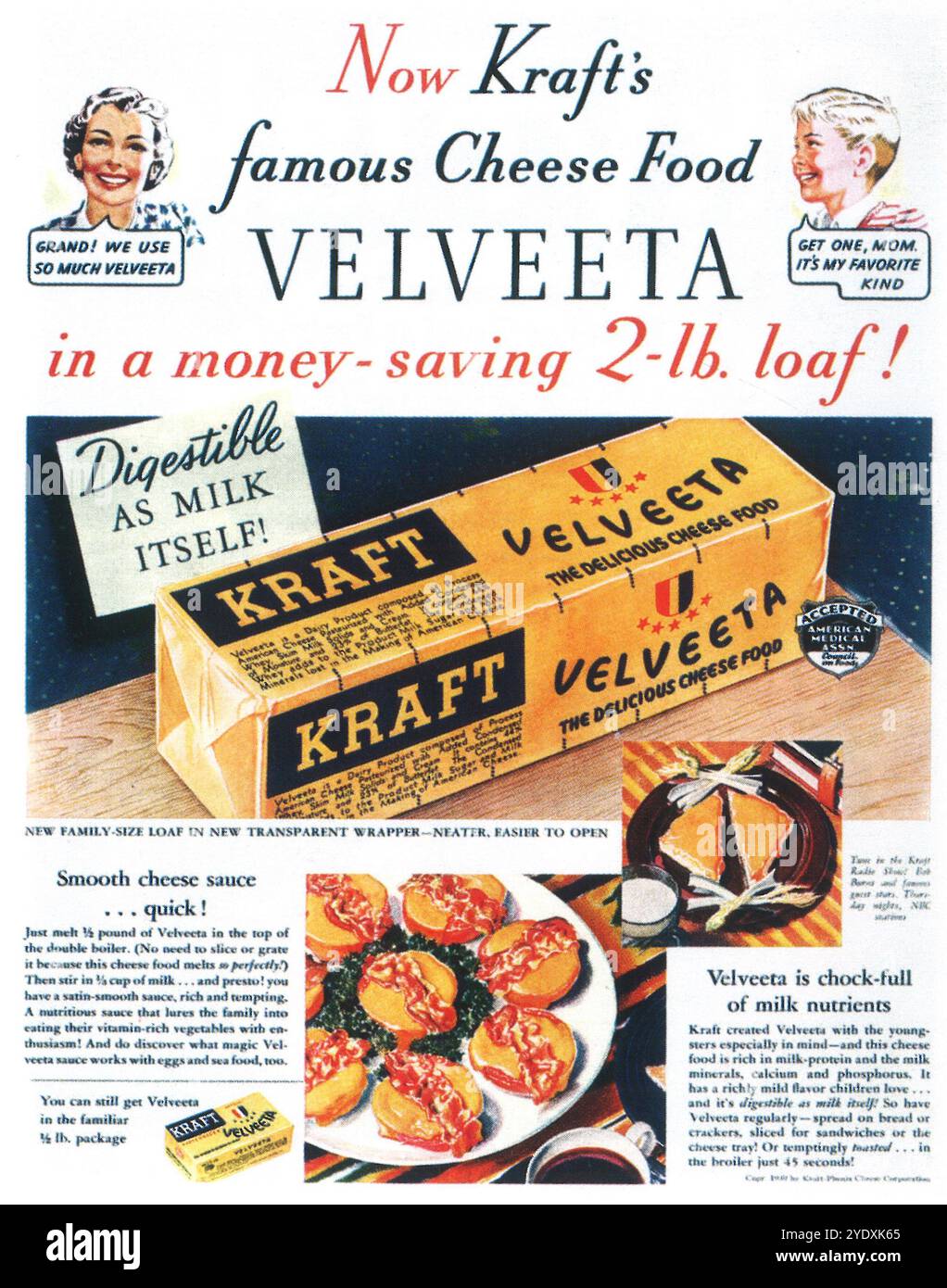 1939 Kraft Velveeta Cheese Food Milk Nutrients 2 Pounds Ad Stock Photo ...