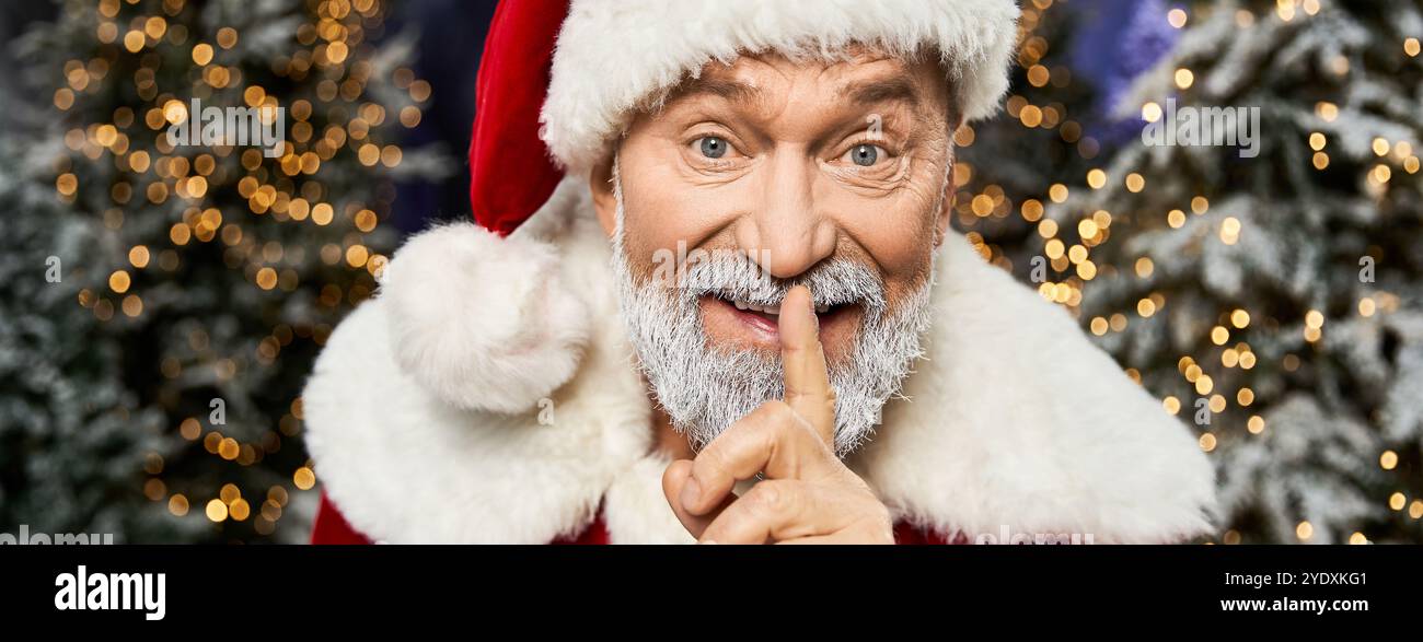 Santa Claus cheerfully signals for quiet while surrounded by sparkling ...