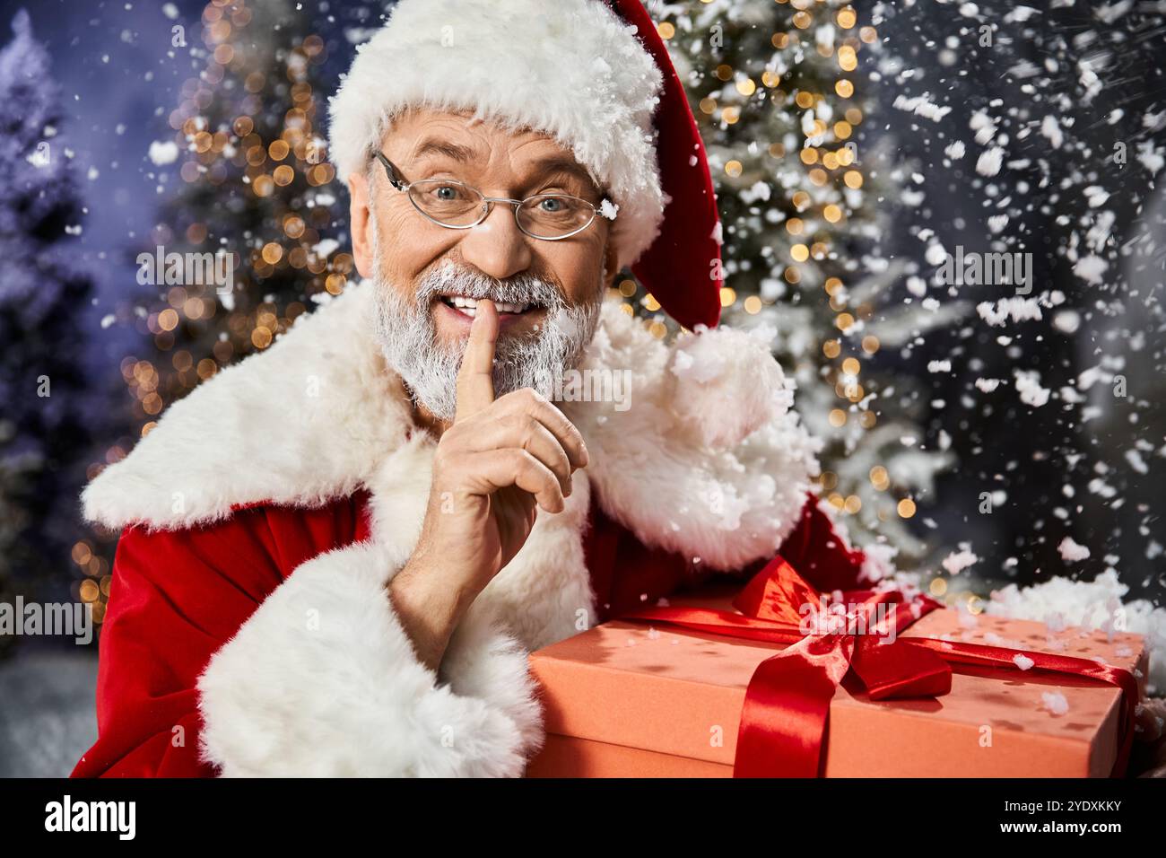 Santa Claus shares a cheerful moment, surrounded by snow and twinkling ...