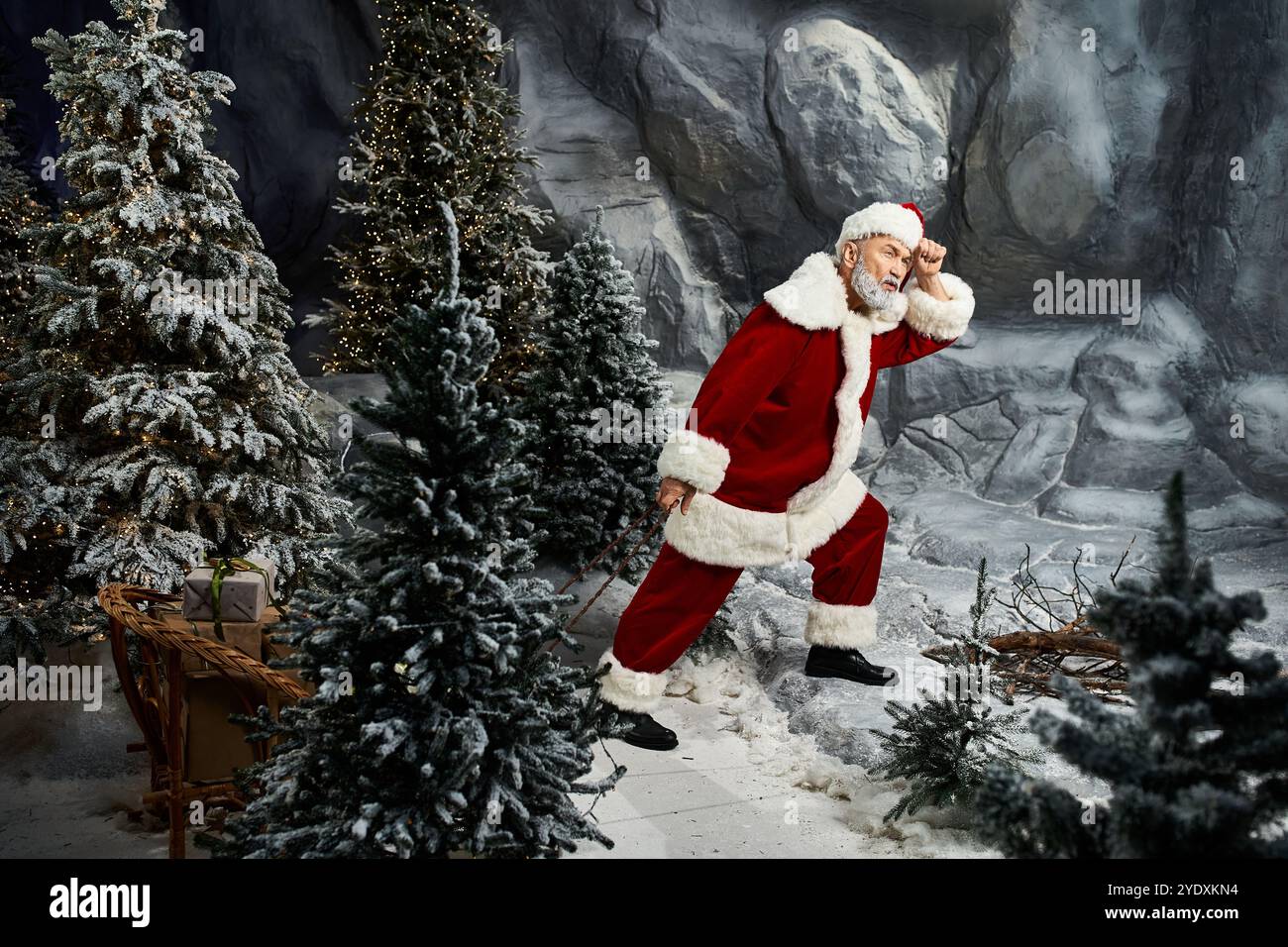 Santa is journeying through a snowy landscape, surrounded by evergreen ...