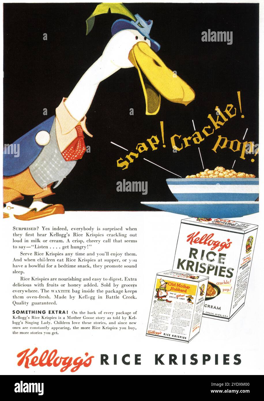 1935 Kellogg's Rice Krispies Ad - Vernon Grant Duck artwork Stock Photo ...