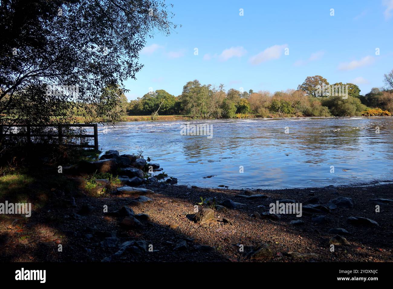 Foam and turbulent water on the river Dart weir at Totnes, South Devon ...