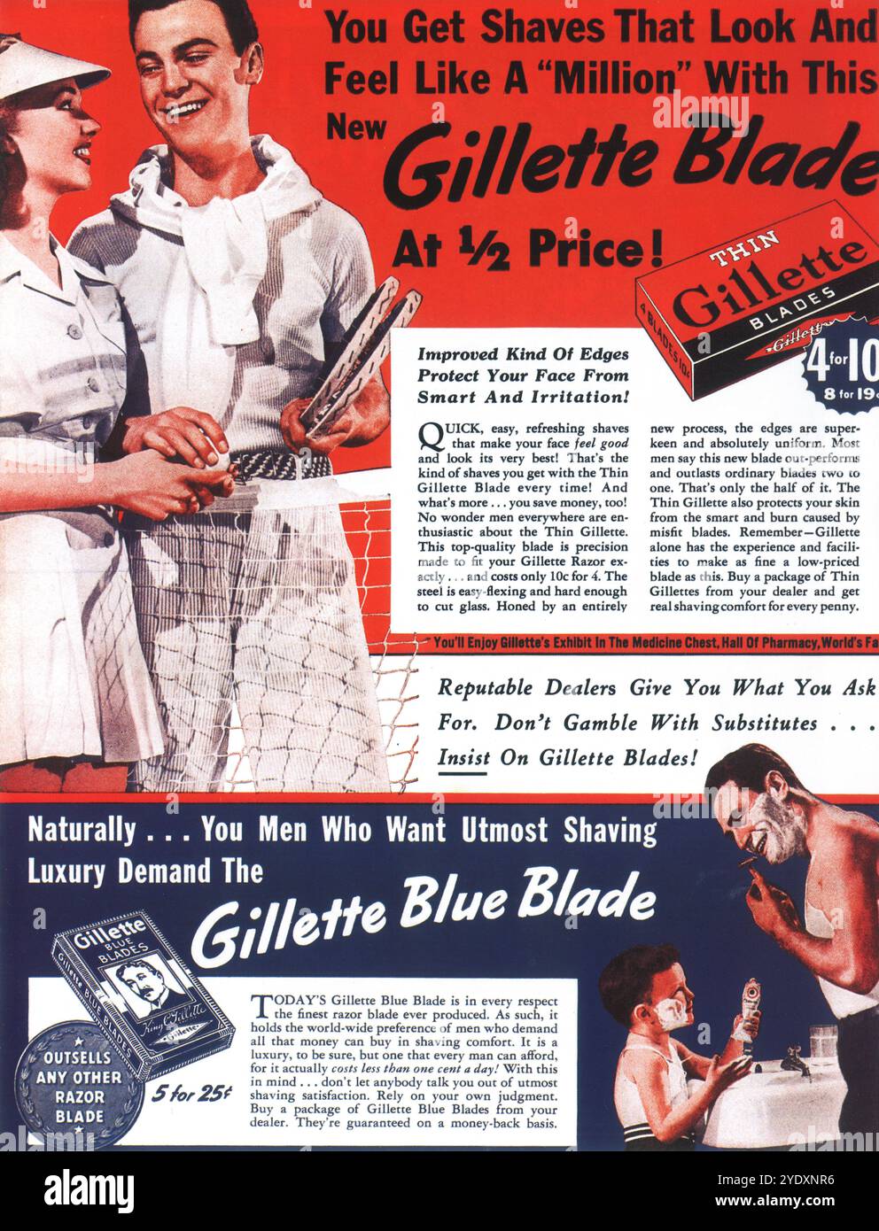 1939 Gillette Razor Ad - Thin Gillette Blades And Gillette Blue Blades ...