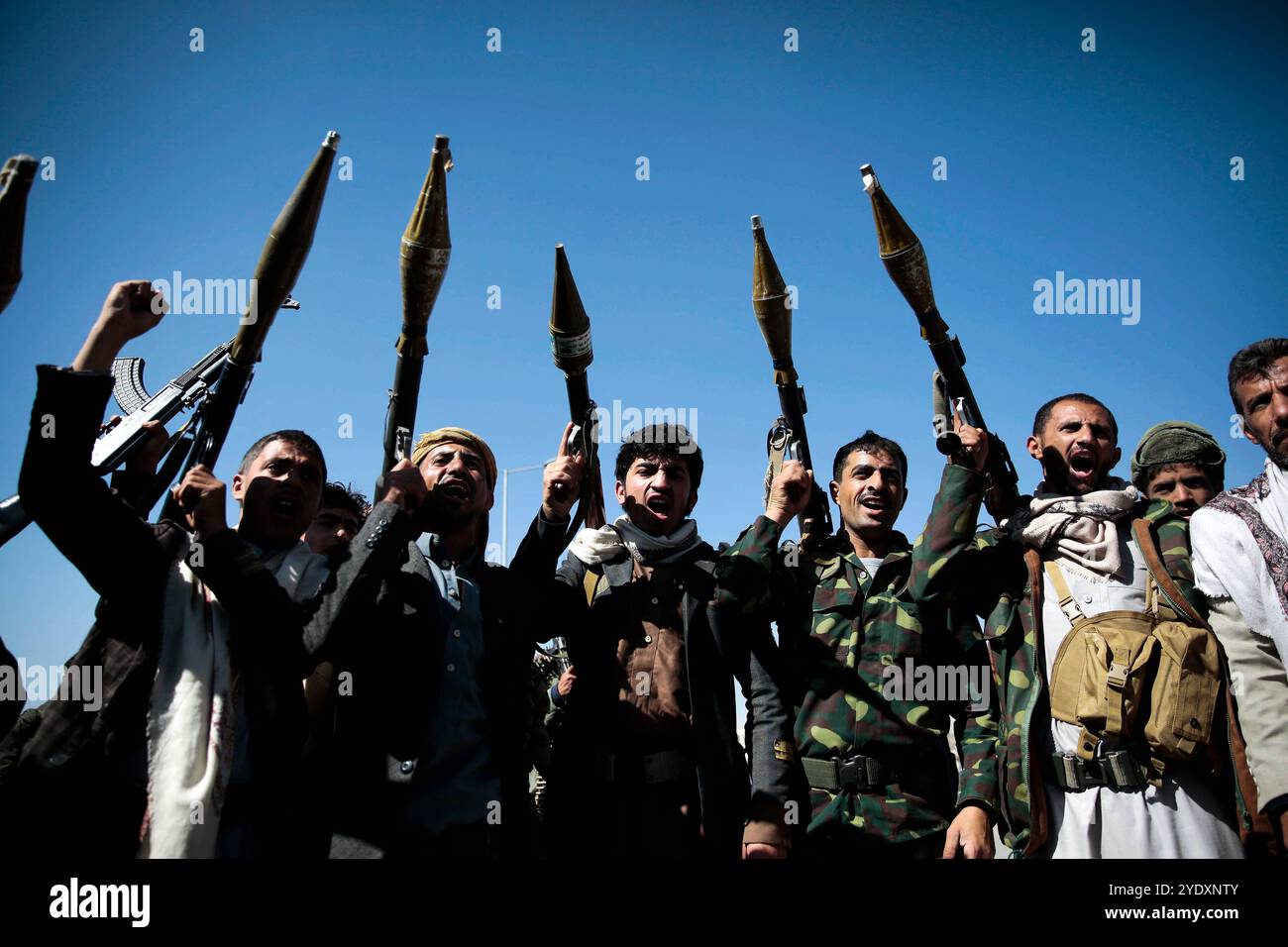 Houthi rebel fighters fighting in Sana’a against the coalition forces ...