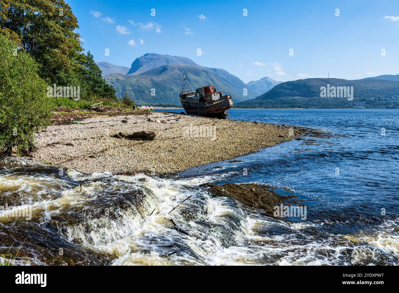 Corpach shipwreck on shingle beach of Loch Linnhe at village of Caol ...