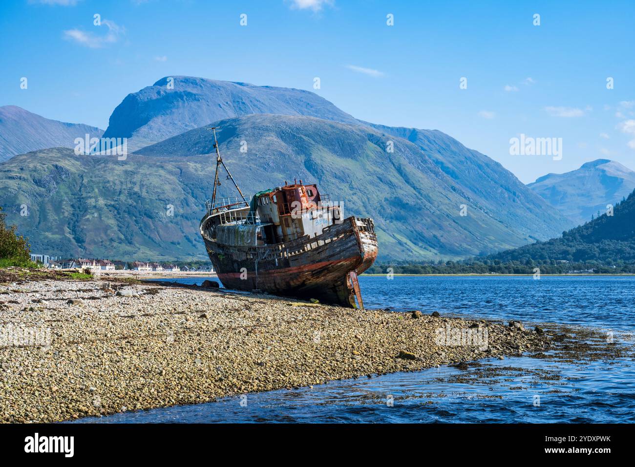 Corpach shipwreck on shingle beach of Loch Linnhe at village of Caol ...
