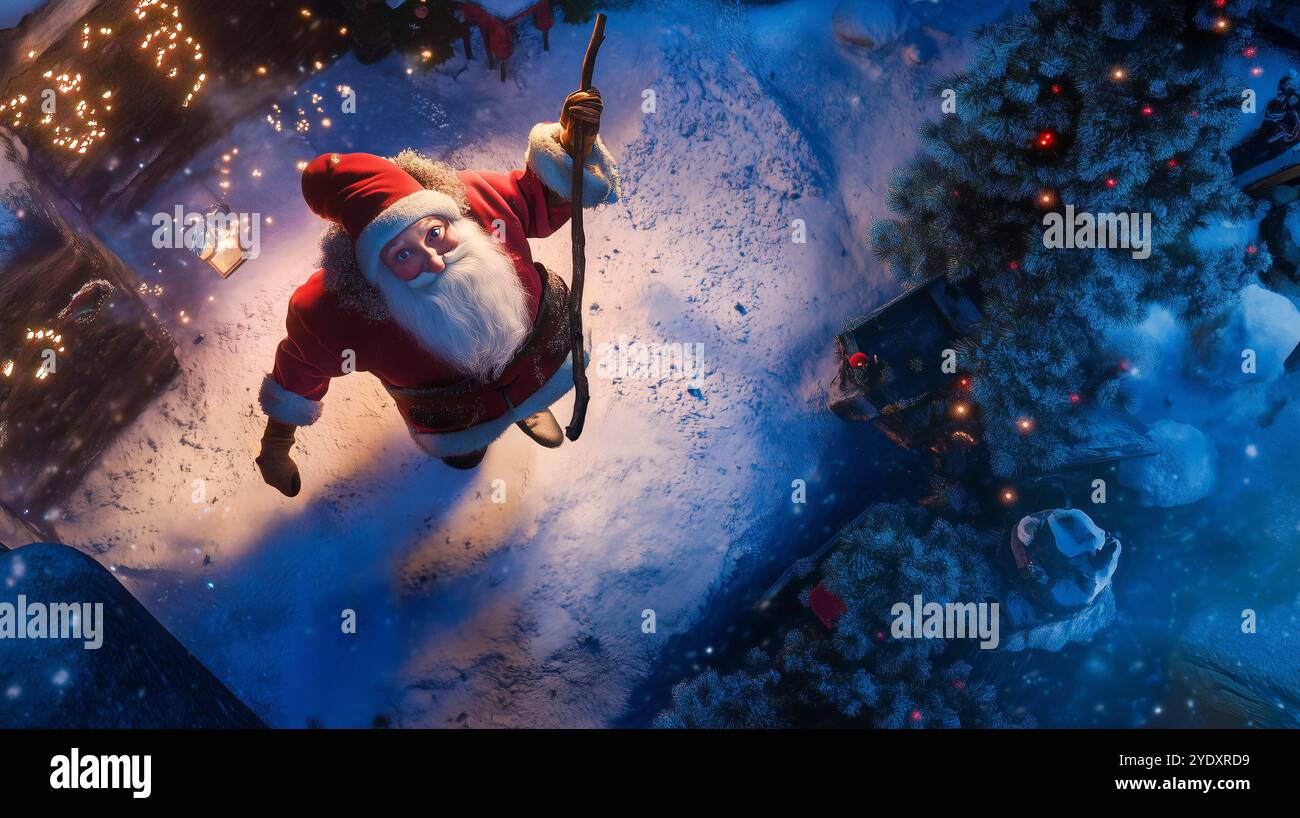 Bird's eye view of Santa Claus standing in winter and Christmas ...