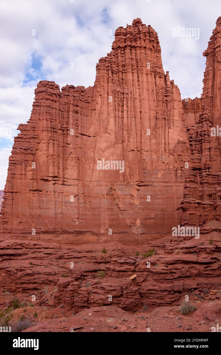 Breathtaking view of the towering red sandstone rock formations at Fisher Towers in Moab, Utah ...