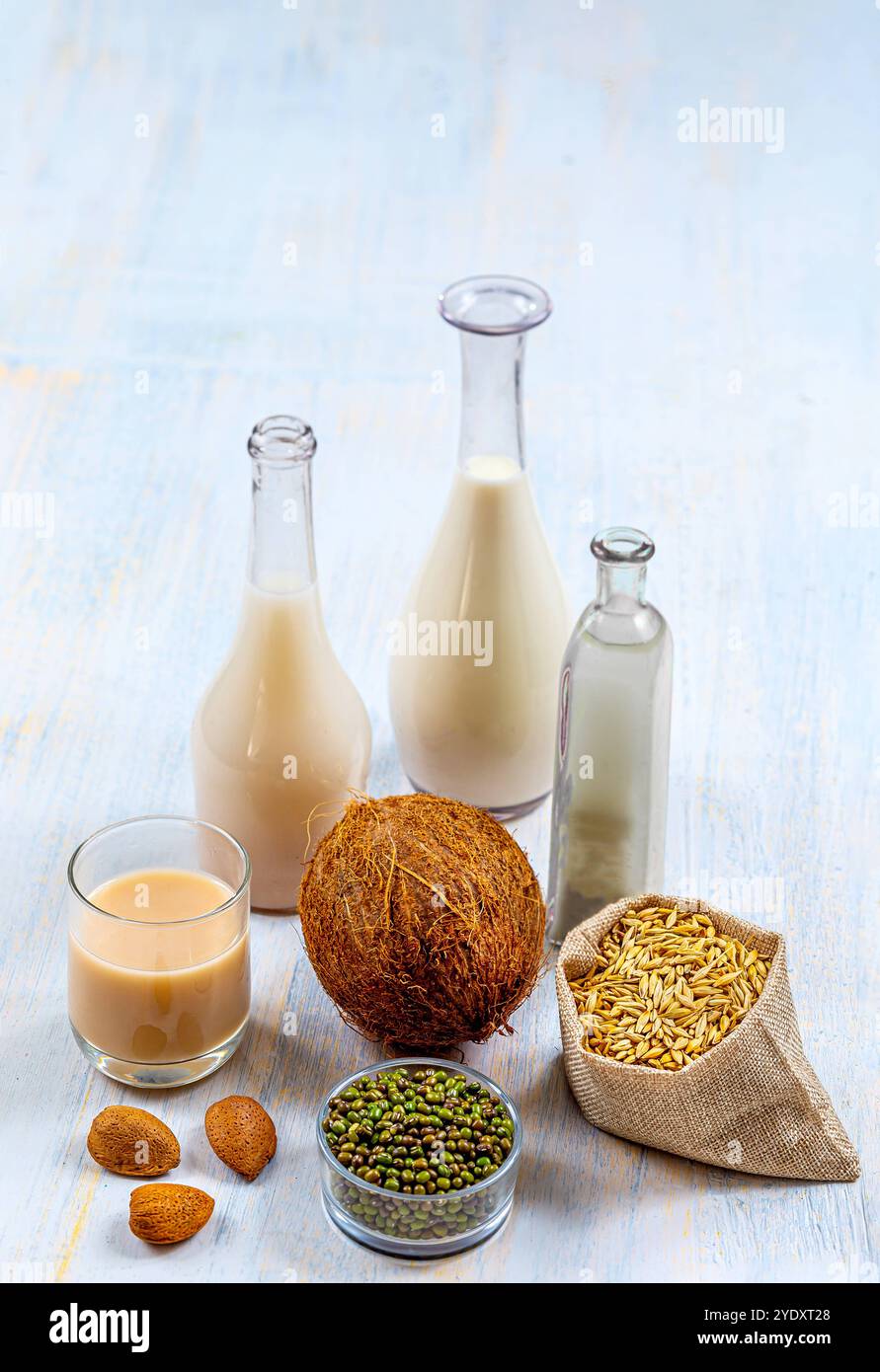 Almond, hazelnut, soy, oat, coconut milk. Plant-based milks ...