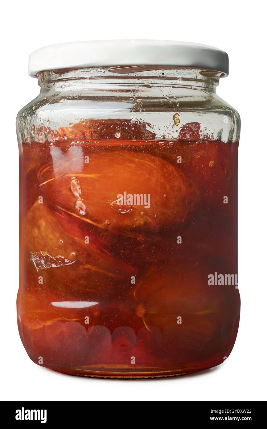 bottle of ambarella or june plum jam or marmalade isolated white ...