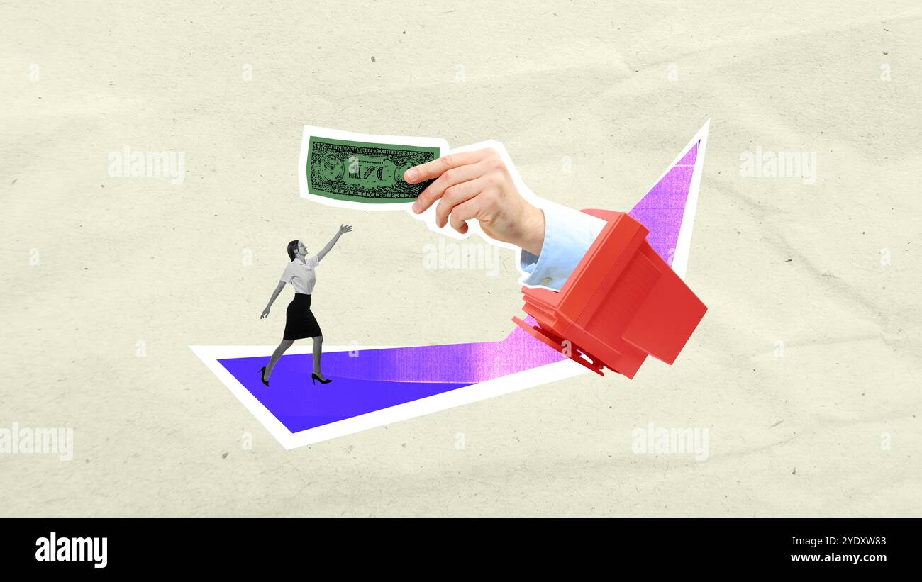 Woman, worker reaching towards dollar bill emerging from vintage ...
