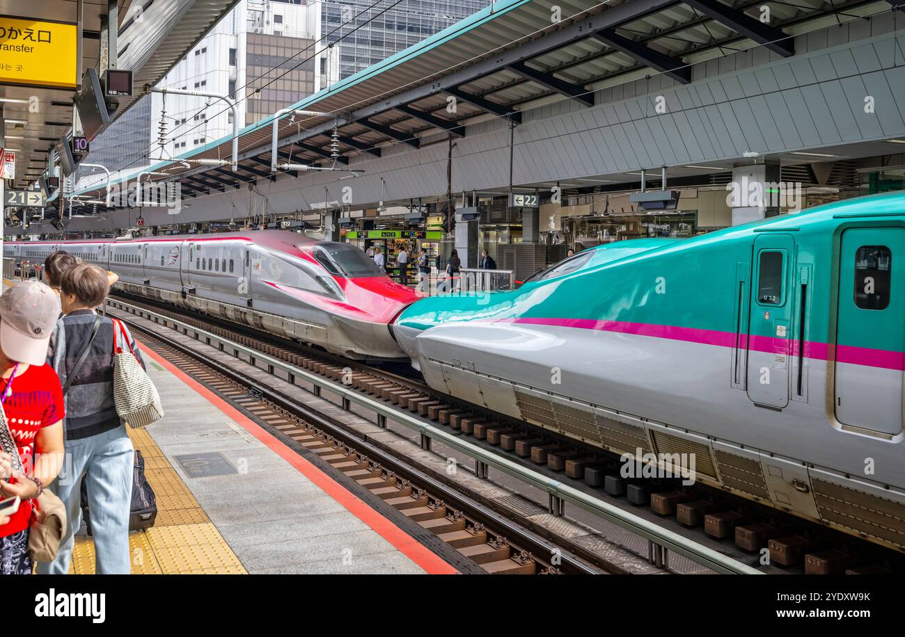 Pair of Japanese bullet trains at the Shinkensen platform in Tokyo ...