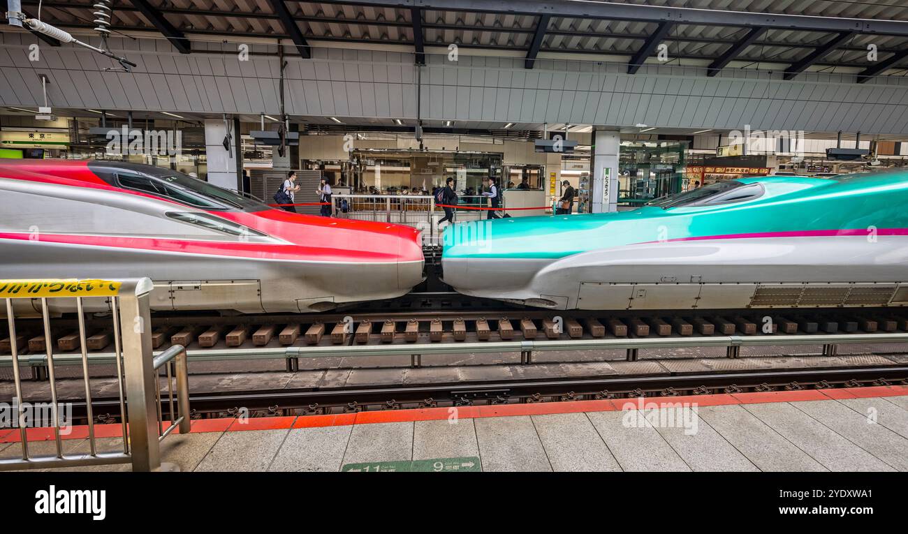 Pair of Japanese bullet trains at the Shinkensen platform in Tokyo ...