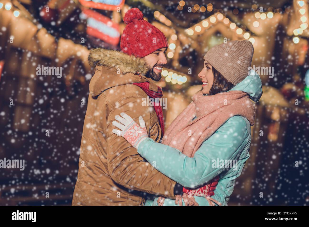 Profile portrait of two positive lovely people cuddle look each other ...