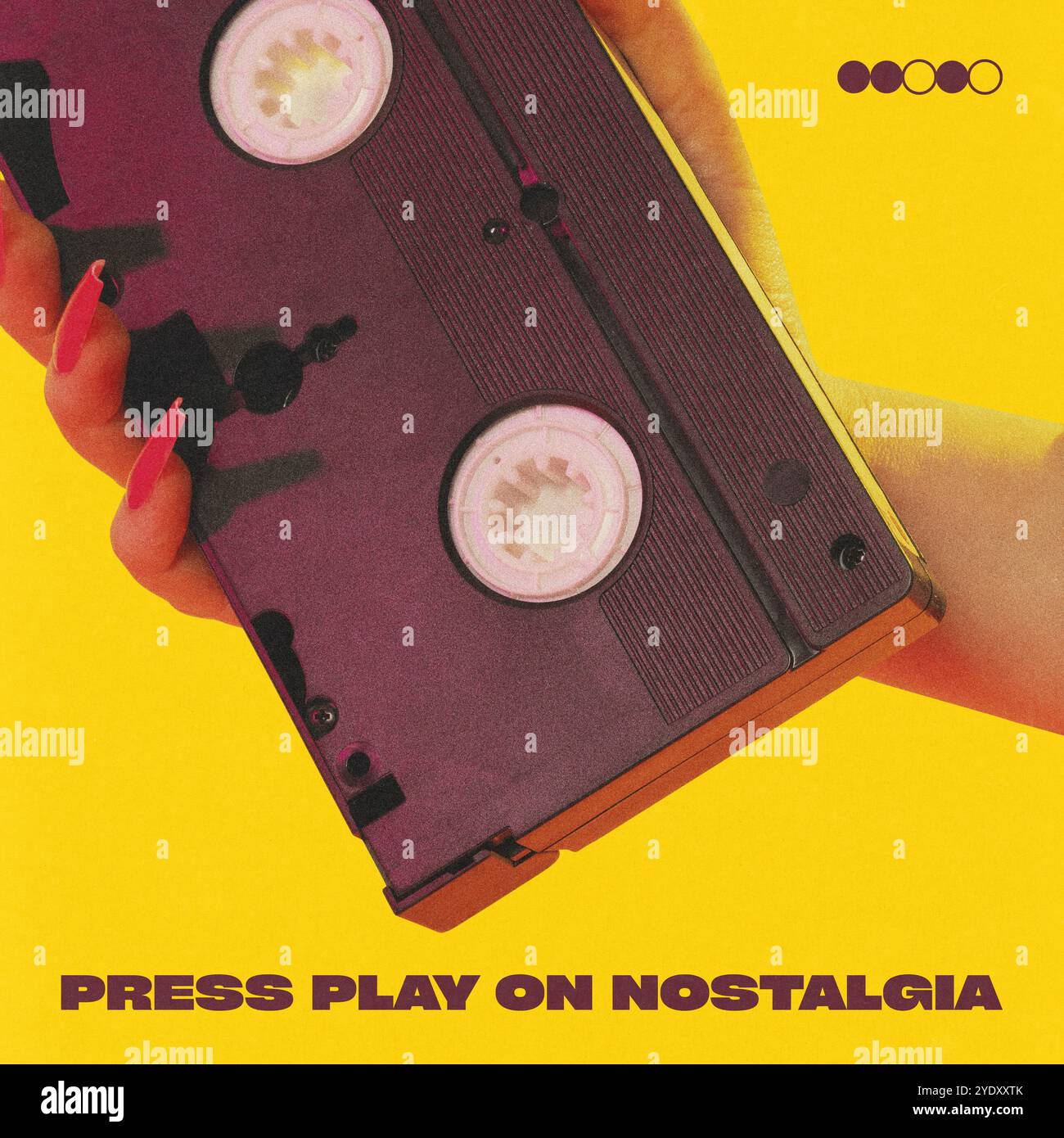 Poster. Contemporary art collage. Press play on nostalgia. Hand holds a ...