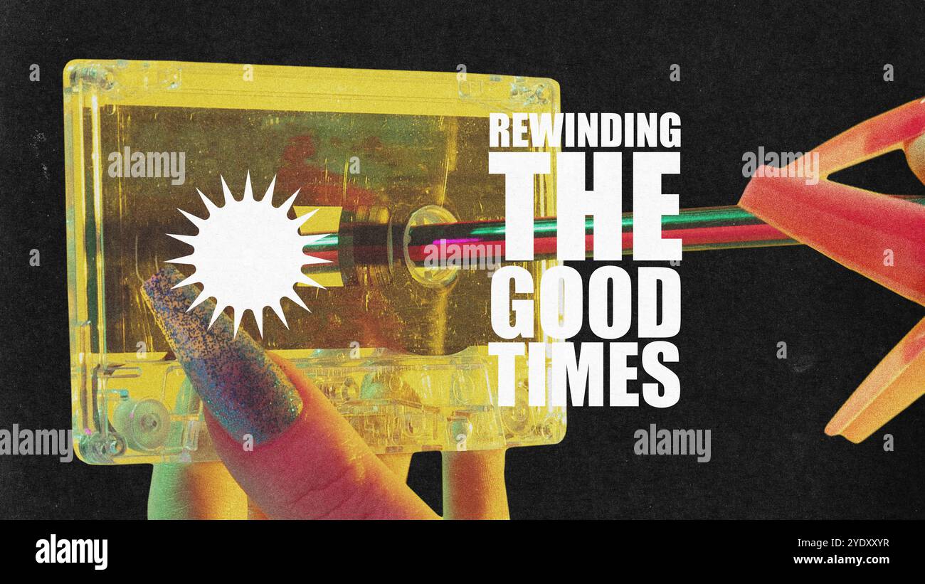 Poster. Contemporary art collage. Rewinding the Good Times. Hand with ...