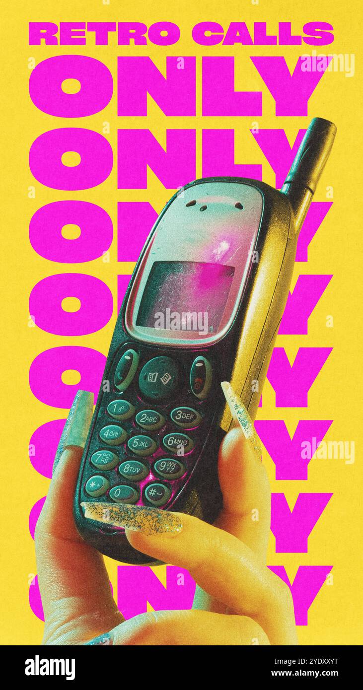 Poster. Contemporary art collage. Only retro calls. Hand with long ...