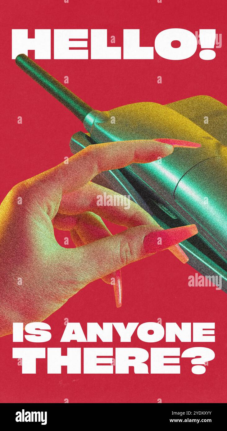 Poster. Contemporary art collage. Hello. Is Anyone There. Hand with ...