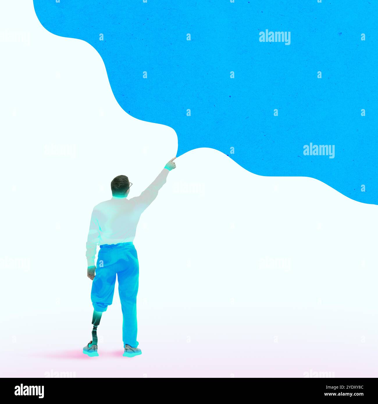 Man with prosthetic leg, reaching towards blue empty space. Inclusivity ...