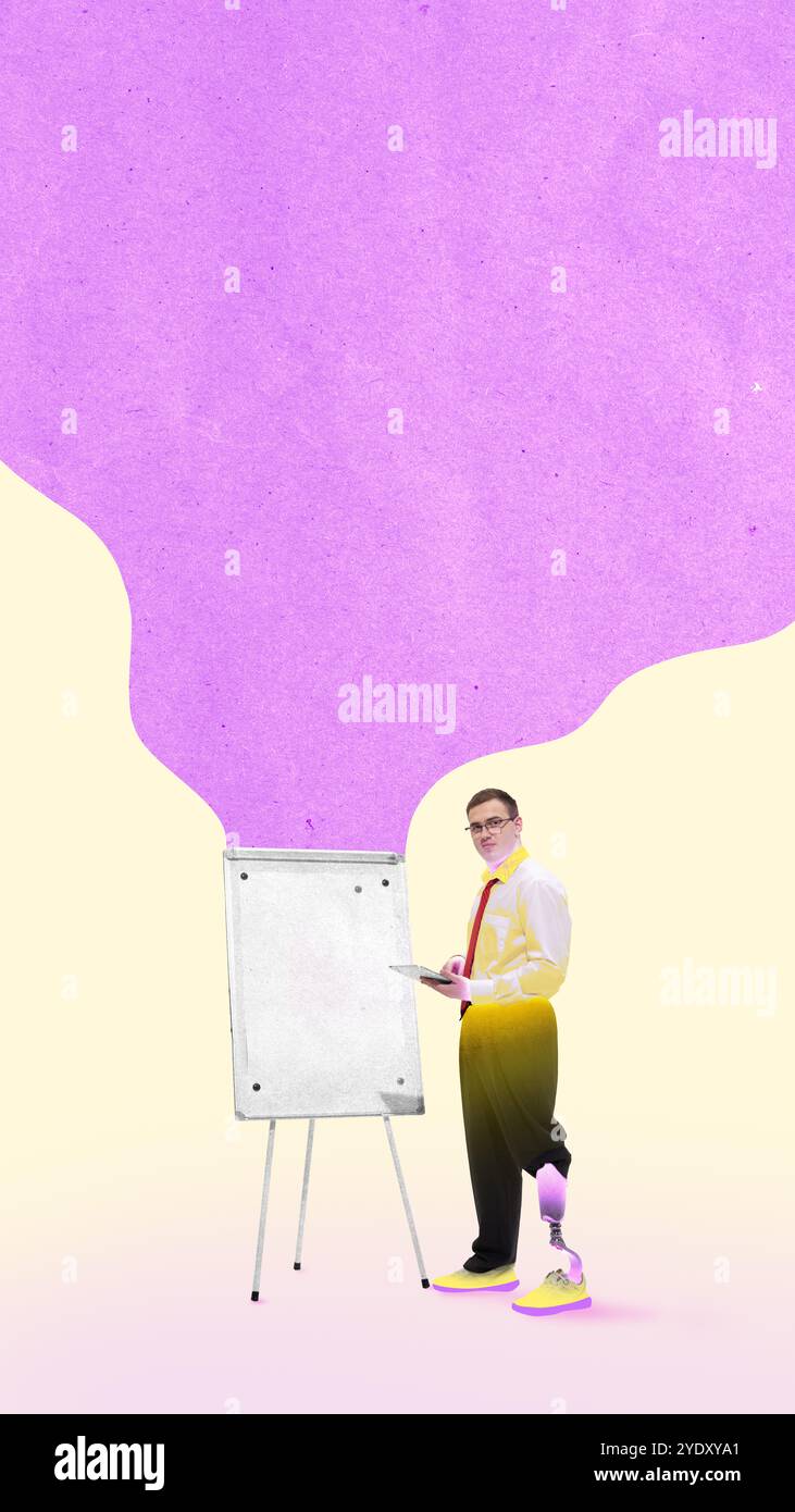 Conceptual design. Man with prosthetic limb presenting at flip chart ...