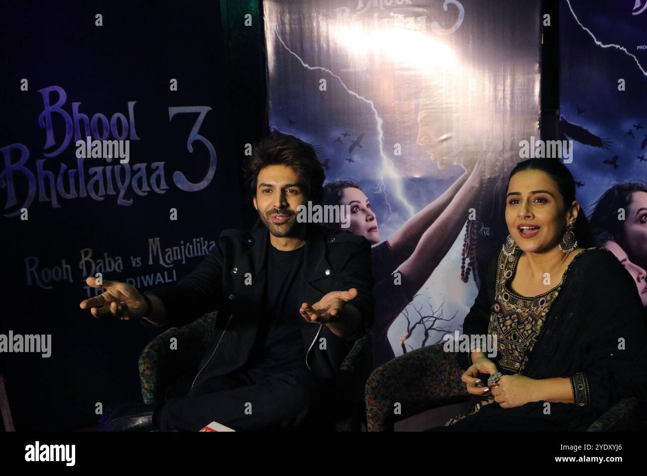 Bollywood actors Kartik Aaryan and Vidya Balan pose for the ...