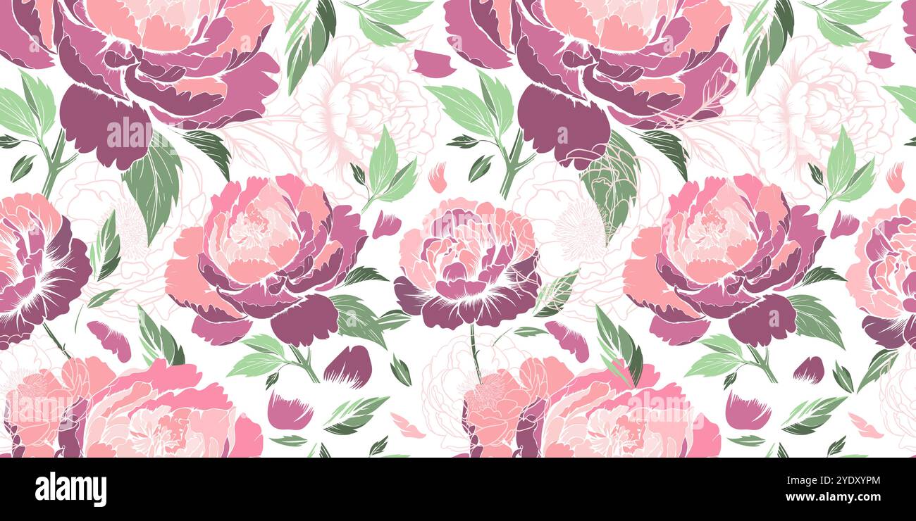 Delicate peonies seamless background. hand drawing. Not AI, Vector ...