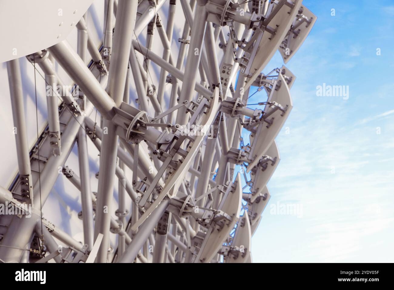 The detailed metal framework of a contemporary architectural structure ...