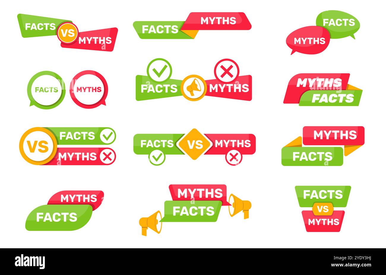 Myths and facts inscriptions. Colored lies with text. Comparison of ...