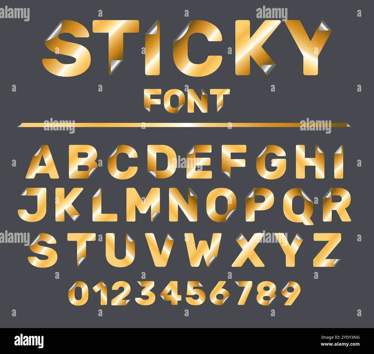 Golden font with curved corners. Foil sticker alphabet. Shiny rounded ...