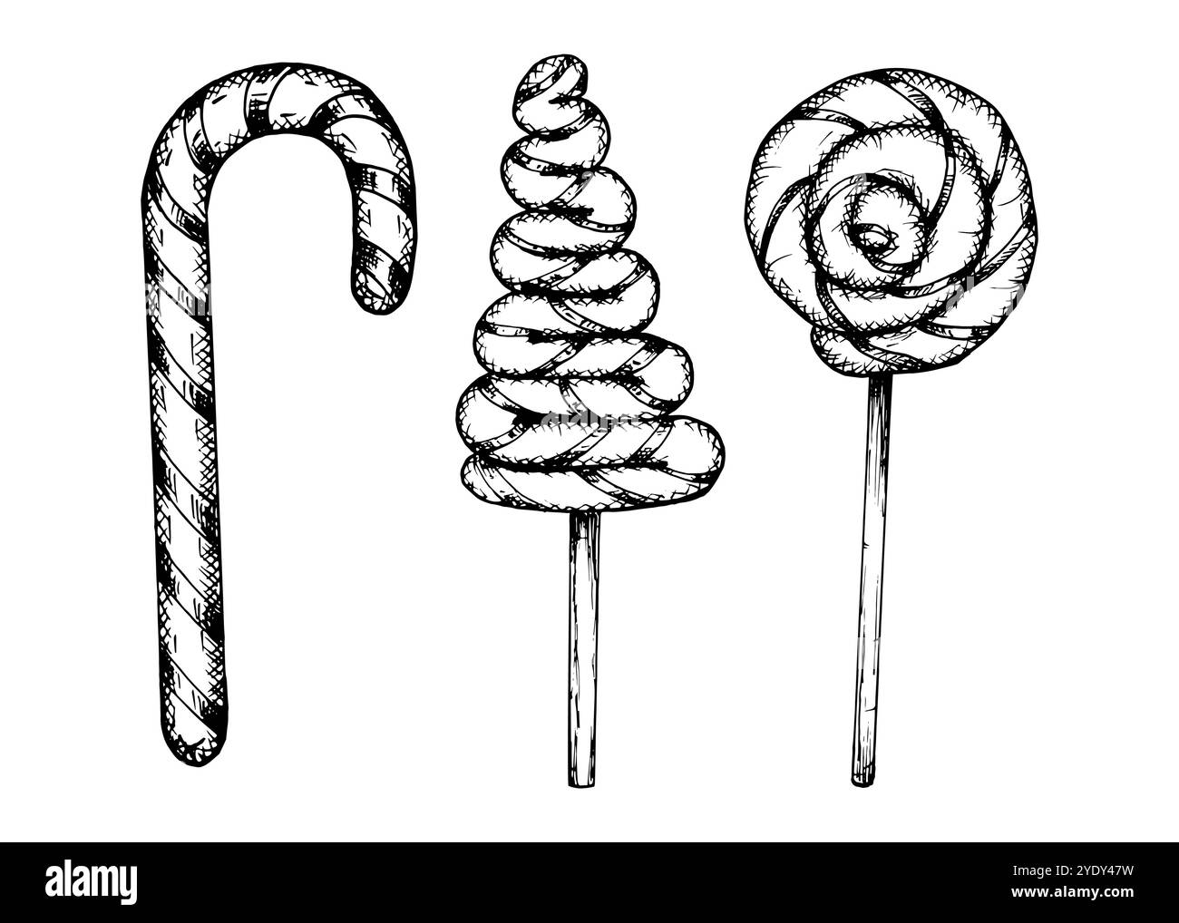 Hand drawn set of vector illustrations of lollipops and candy canes ...