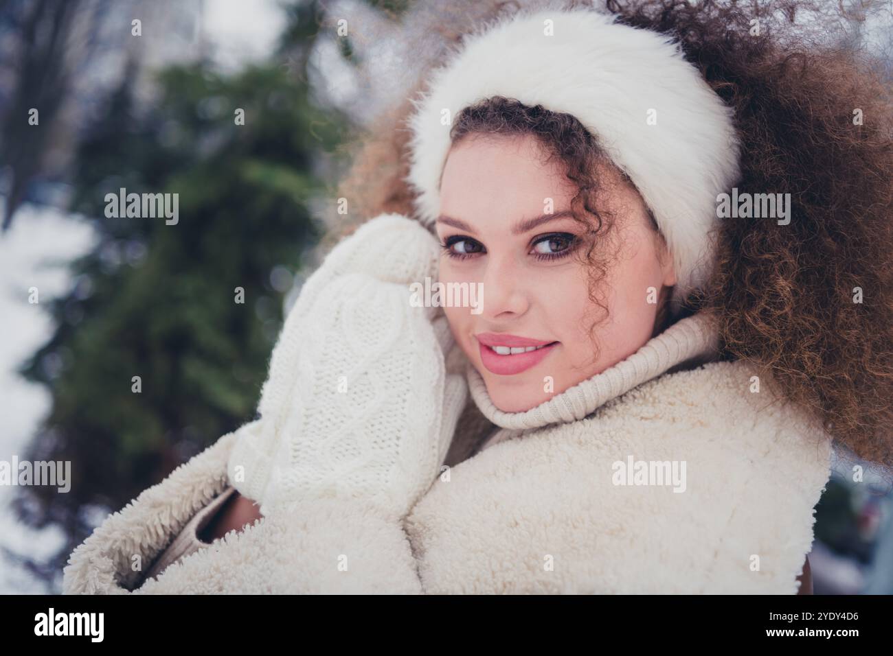 Close up cropped portrait of nice young girl enjoy pastime wear jacket ...