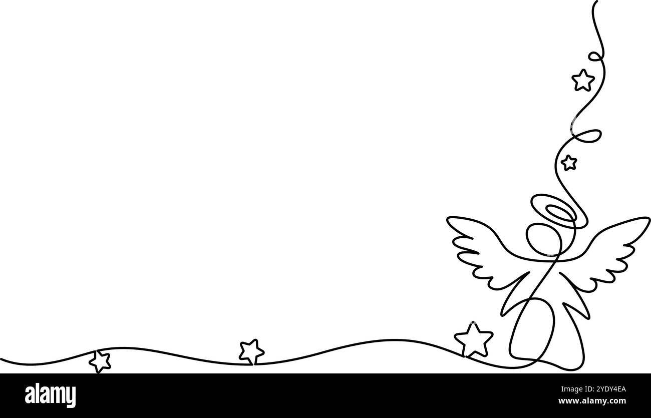 Christmas decoration. Angel and stars, Christmas angel. Continuous one ...