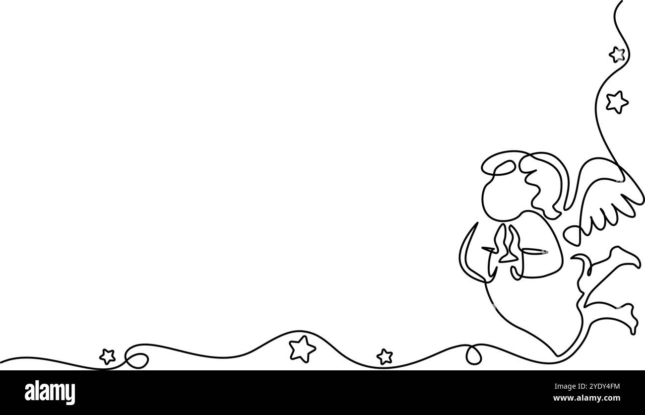 Christmas decoration. Angel and stars, Christmas angel. Continuous one ...