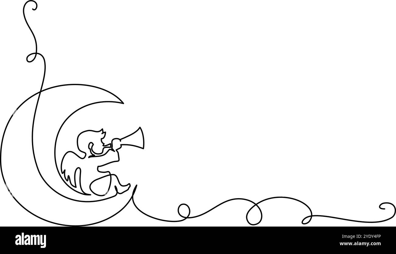 Christmas decoration. Little cute Angel with flute on Moon. Continuous ...