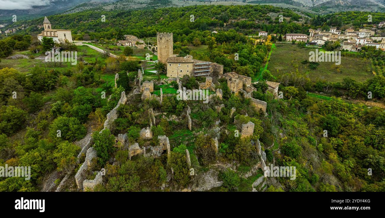 Aerial view of Beffi Castle, the Church of San Michele Arcangelo and ...