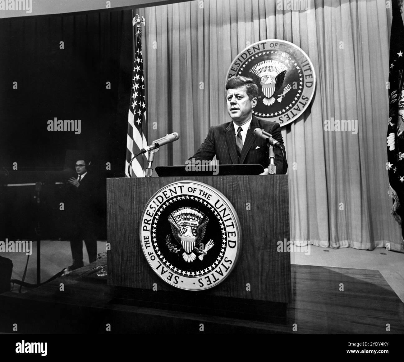 U.S. President John F. Kennedy delivering remarks during press ...