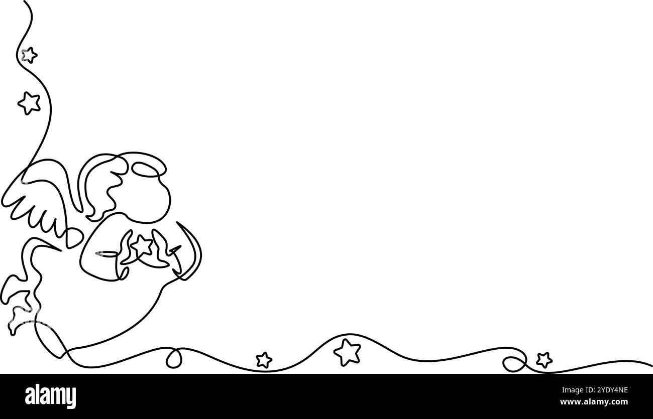 Christmas decoration. Angel and stars, Christmas angel. Continuous one ...